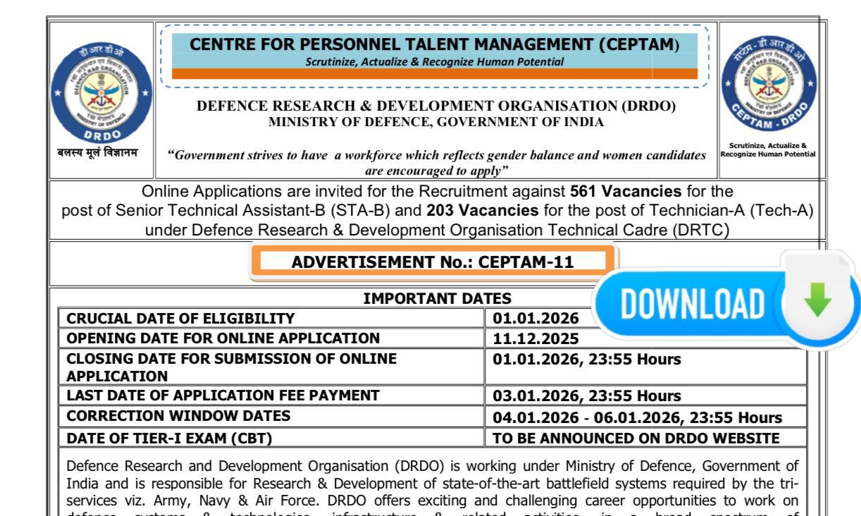 DRDO Releases CEPTAM-11 Notification for 764 Technical Posts; Apply ...